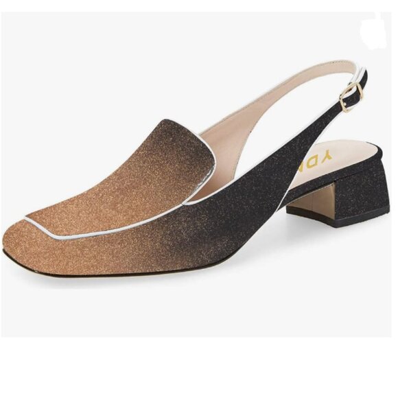 YDN | Shoes | Ydn Gold Black Glitter Square Toe Block Low Heels ...